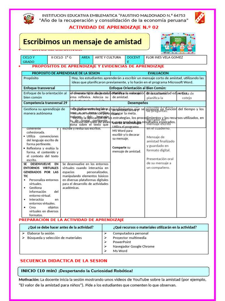 Actividad de Escritura: Mensaje de Amistad | PDF | Evaluación | Aprendizaje