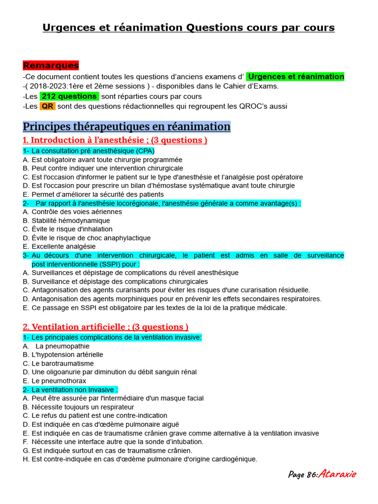 Questions d'examens en réanimation 2018-2023 | PDF | Réanimation cardio ...