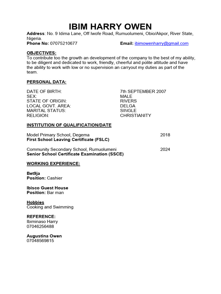 Ibim Harry Owen Cv | PDF