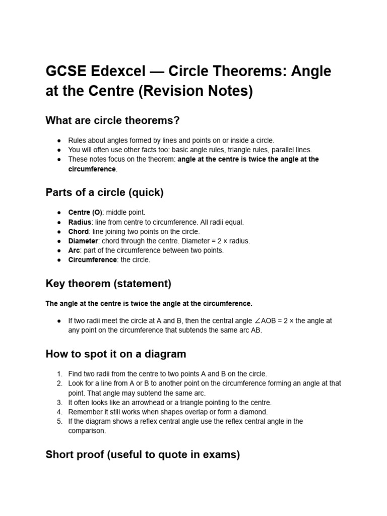 Circle Theorems: Angle at Centre Guide | PDF | Circle | Angle