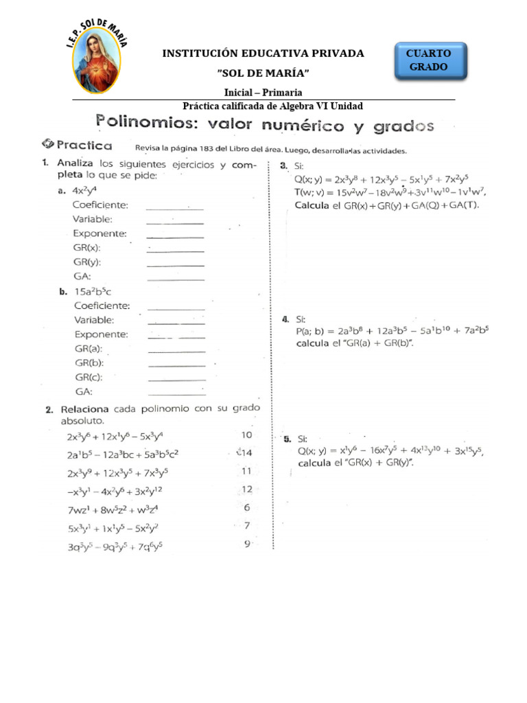 Practica de Algebra 4to Grado Vi Unidad 2025 | PDF