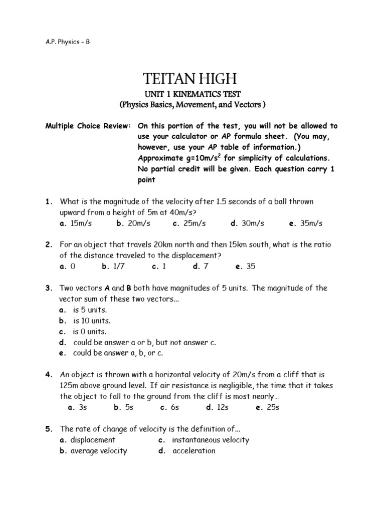 Kinematics Test | PDF | Velocity | Motion (Physics)