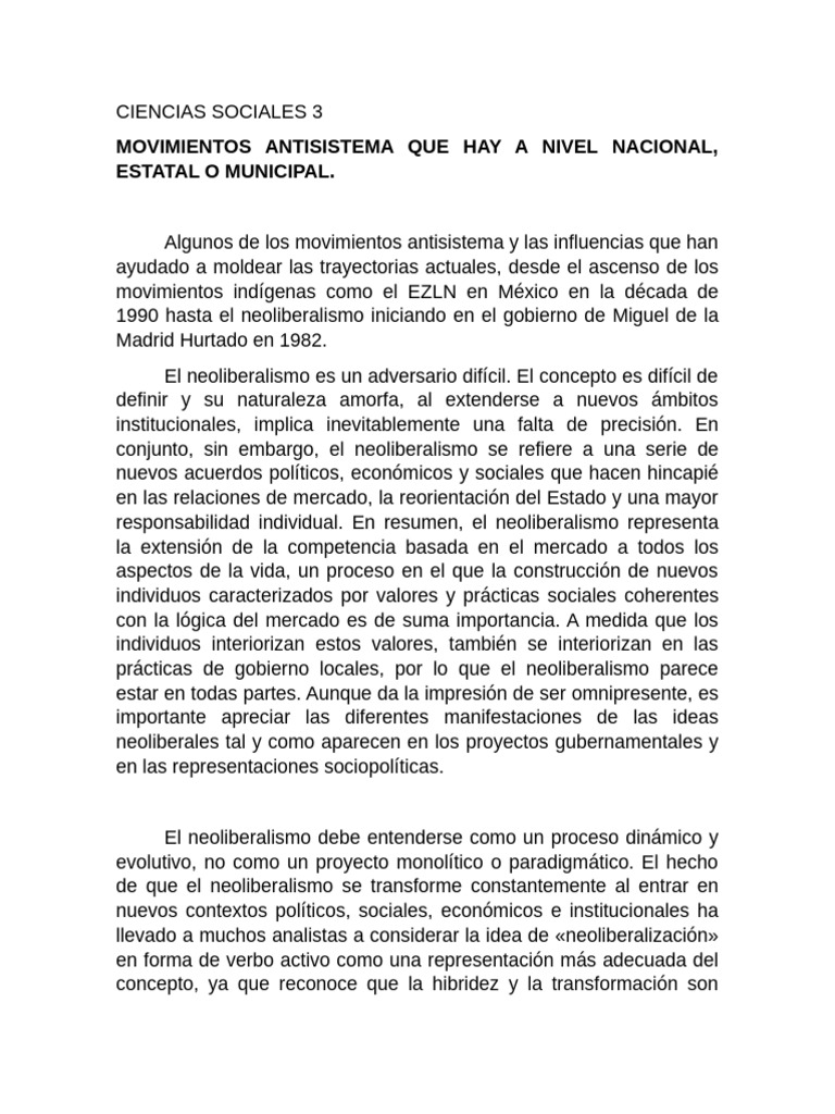 Ciencias Sociales 3 Movimientos Antisistema | PDF | Neoliberalismo ...