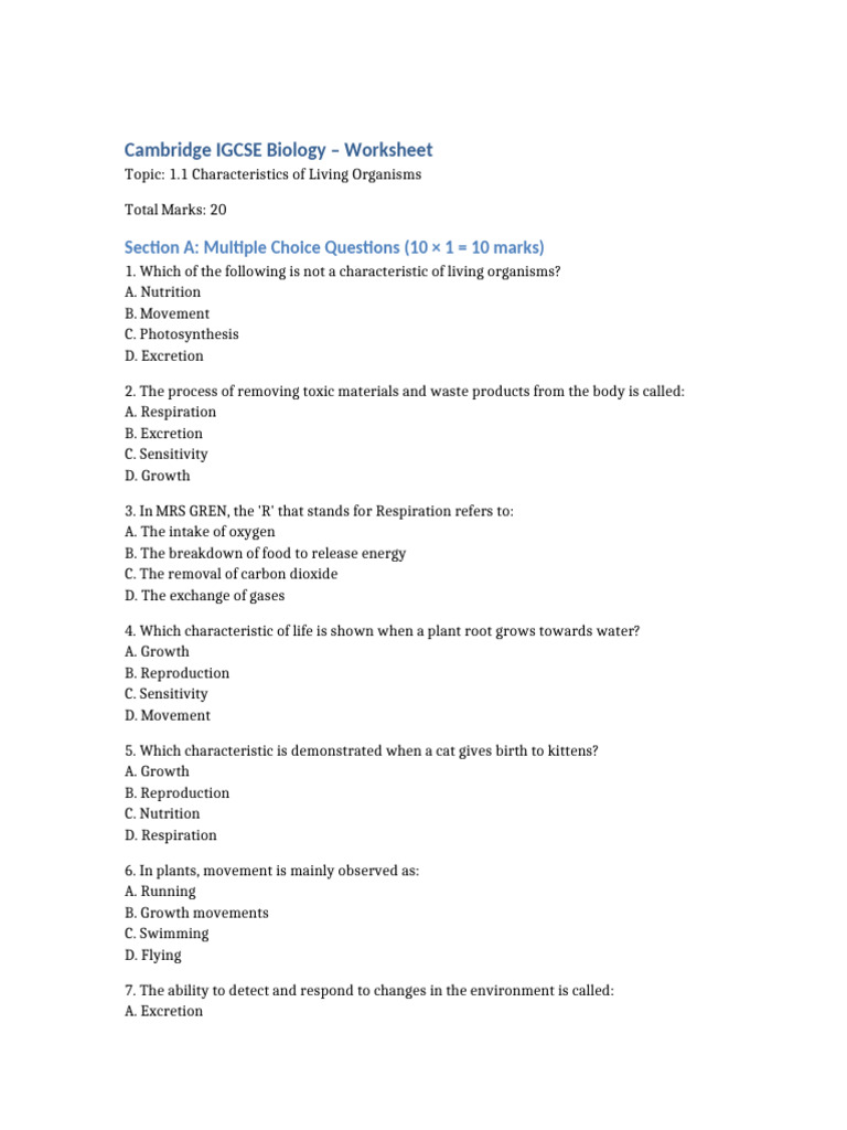 IGCSE Biology Worksheet Characteristics | PDF