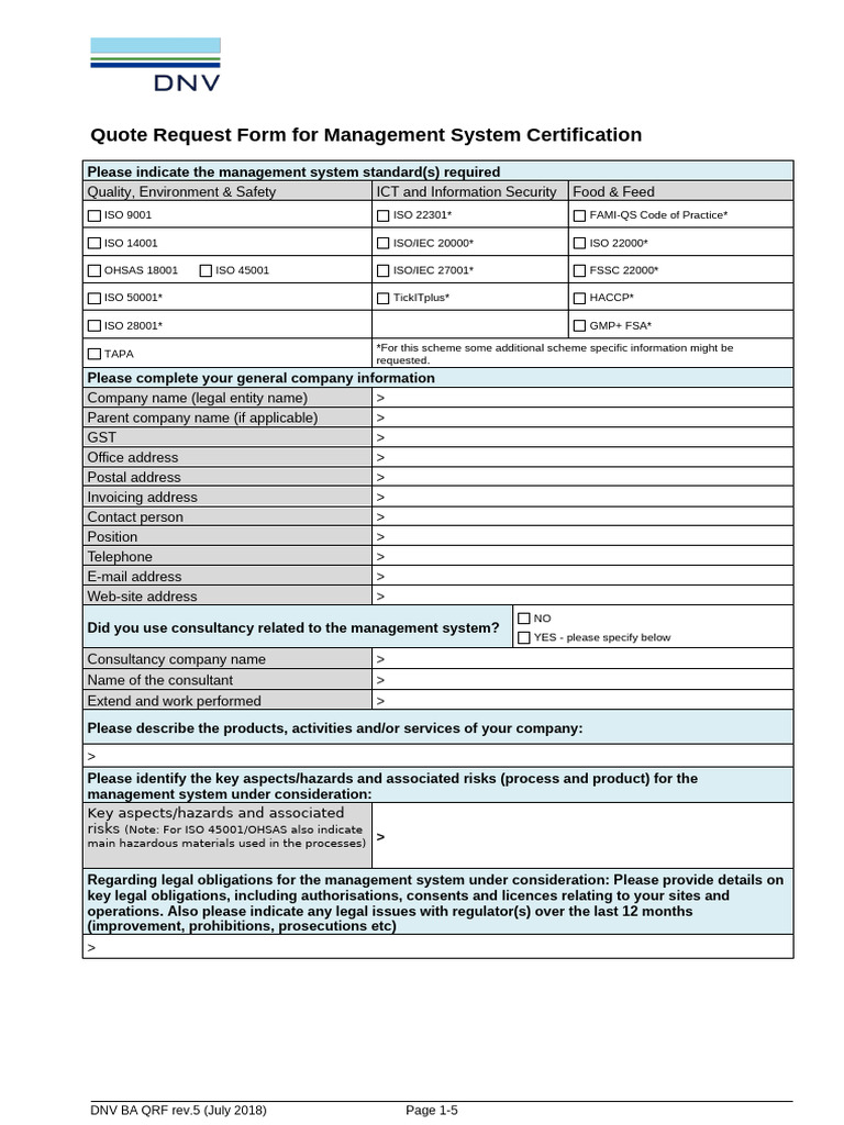 DNV - Quote Request Form | PDF | Occupational Safety And Health | Risk
