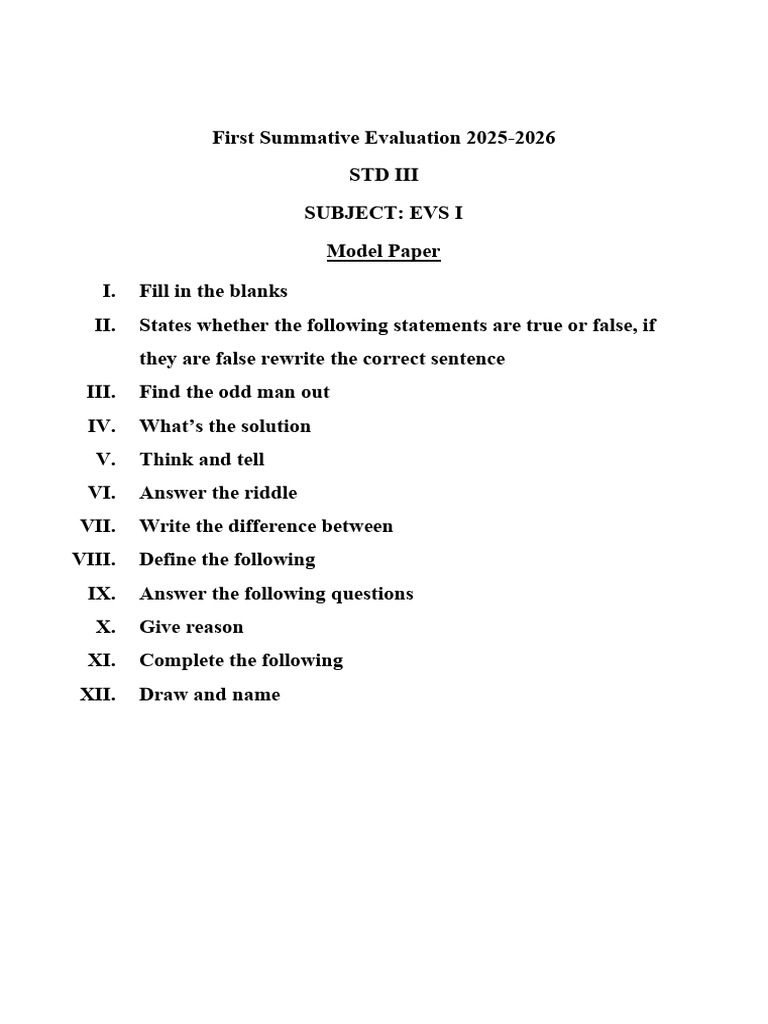EVS Model Paper for STD III 2025-2026 | PDF
