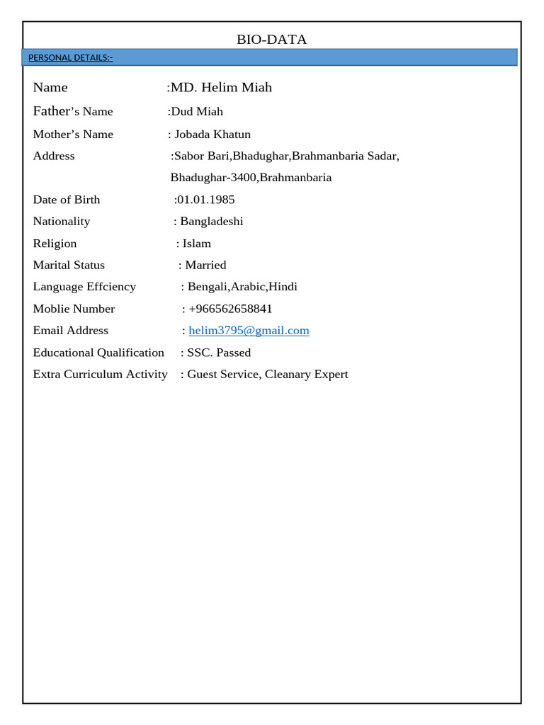 Bio-Data: Personal Details | PDF