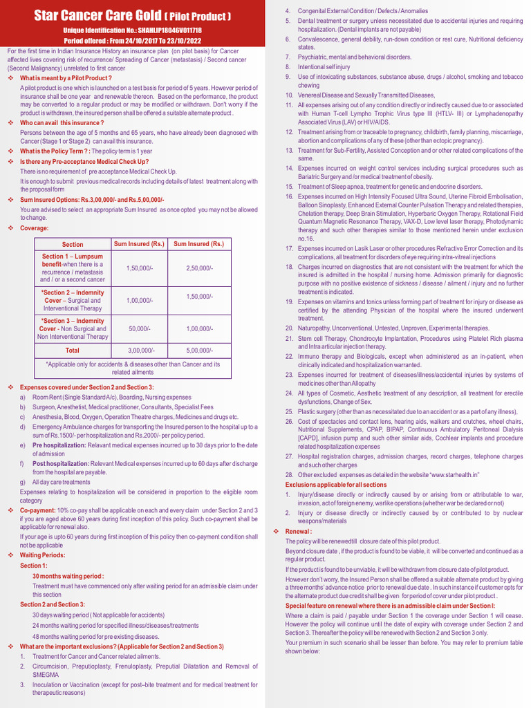 Star Cancer Care Gold Insurance Plan | PDF | Insurance | Cancer