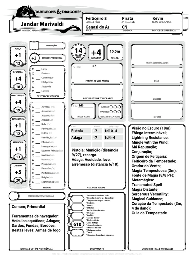 Ficha de Personagem: Jandar Marivaldi | PDF