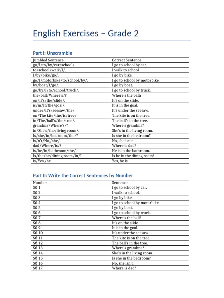 Grade 2 English Sentence Exercises | PDF