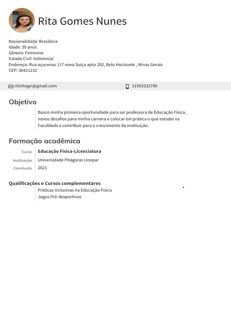 Rita Gomes Nunes - Currículo | PDF