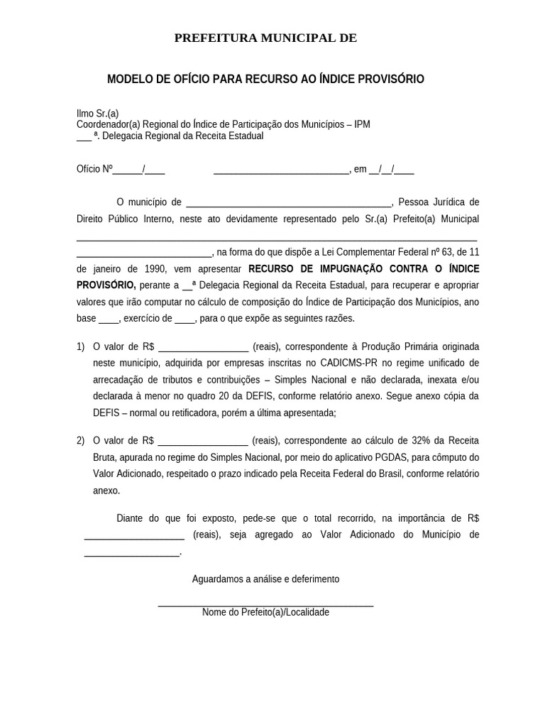 Modelo de Ofício para Recurso IPM | PDF