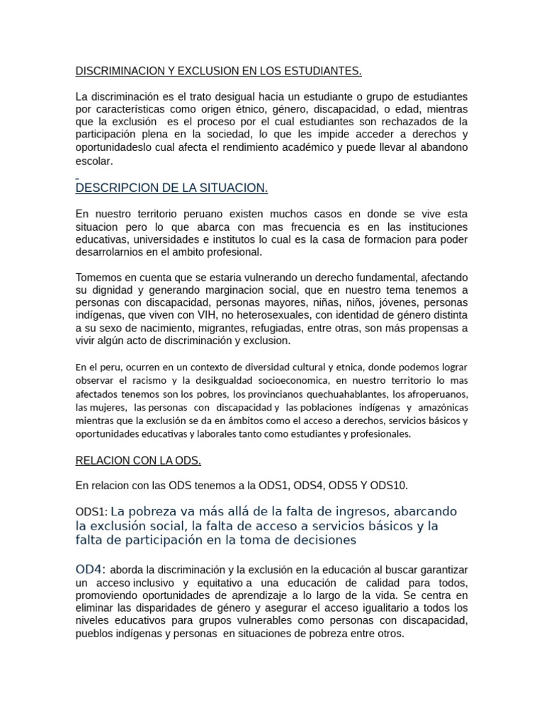 Discriminación y Exclusión Escolar en Perú | PDF | Exclusión social ...