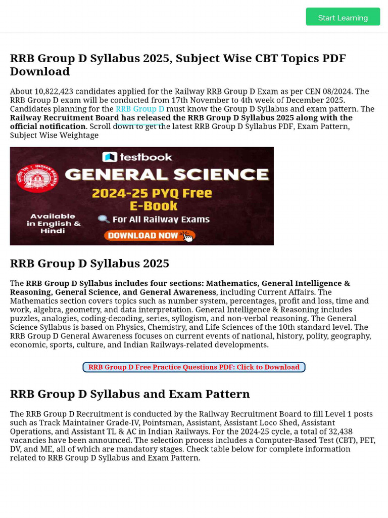 RRB Group D Syllabus 2025, Subject Wise CBT Topics PDF Download | PDF