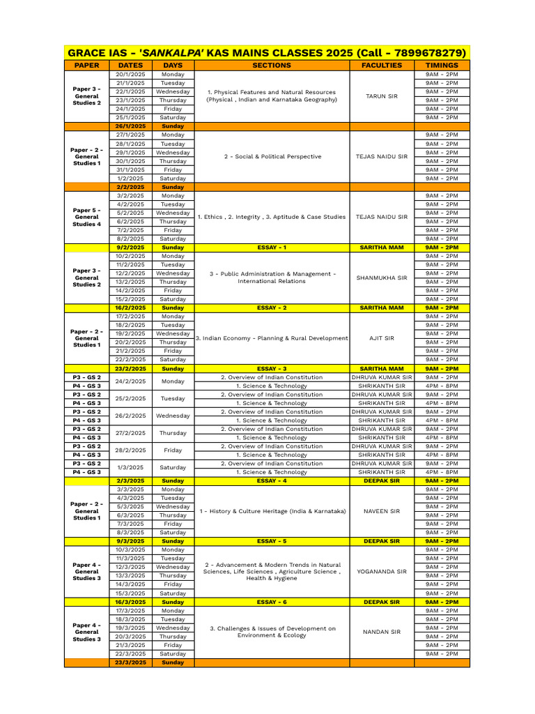 KAS Mains Classes Schedule 2025 | PDF