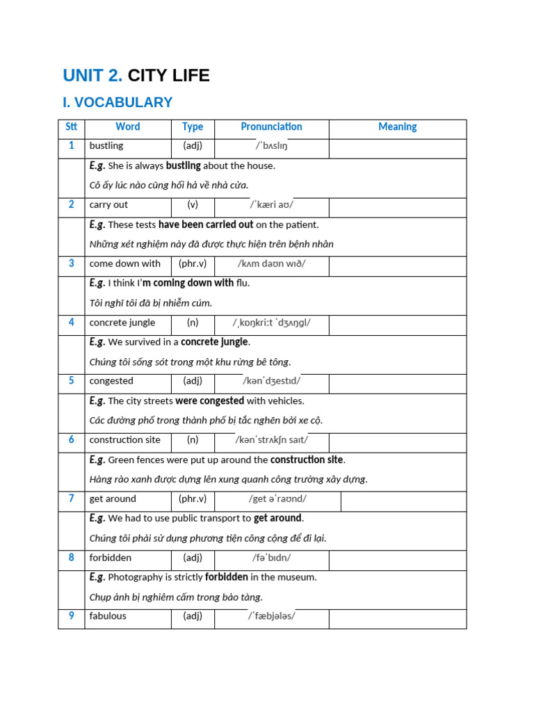 Unit 2. City Life Grade 9 | PDF