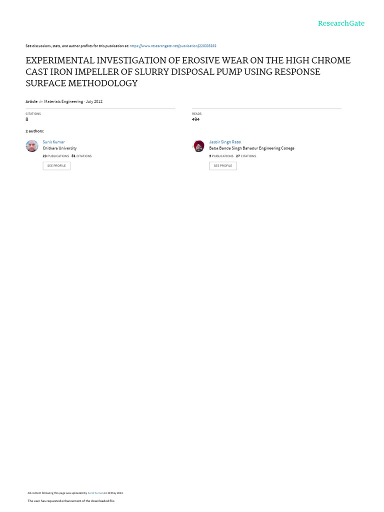 Experimental Investigation of Erosive Wear on the High Chrome Cast Iron Impeller of Slurry ...