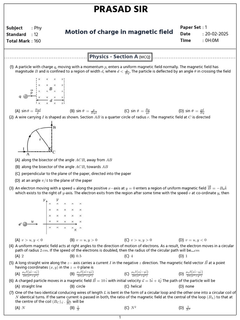 Magnetic Field Motion MCQs for Class 12 | PDF | Magnetic Field | Ion