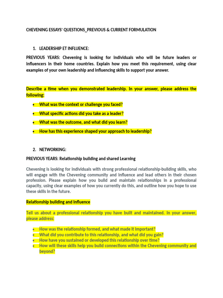 Chevening Essay Questions Overview | PDF | Leadership | Learning