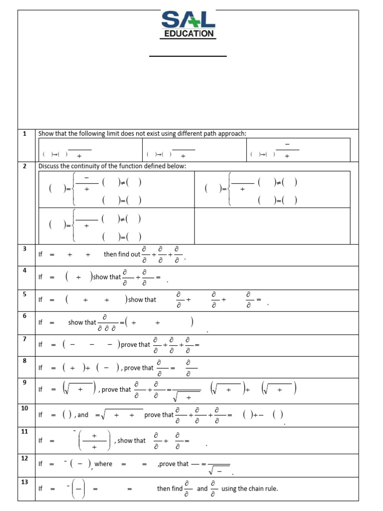 Partial Differentiation Practice Sheet | PDF | Calculus | Subtraction