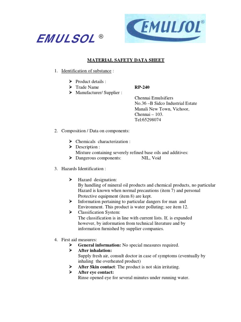 MSDS - RP-240 | Download Free PDF | Water | Materials