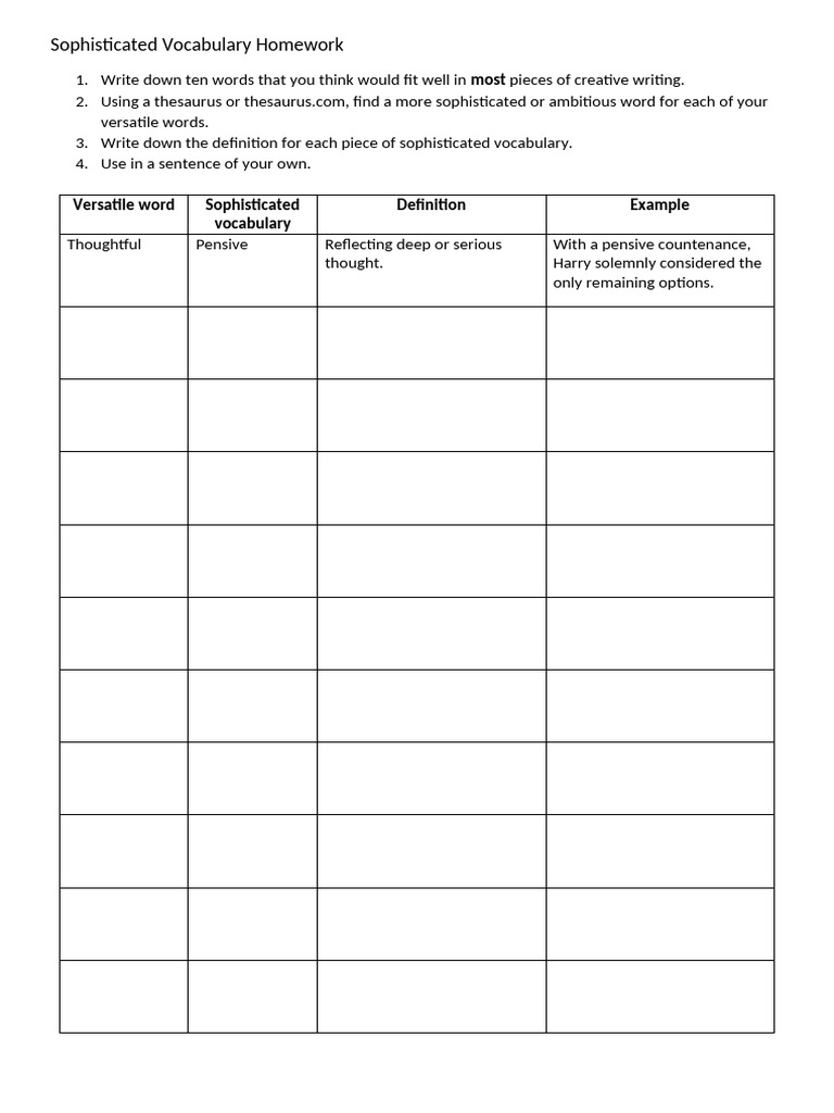 Sophisticated Vocabulary Homework Guide | PDF