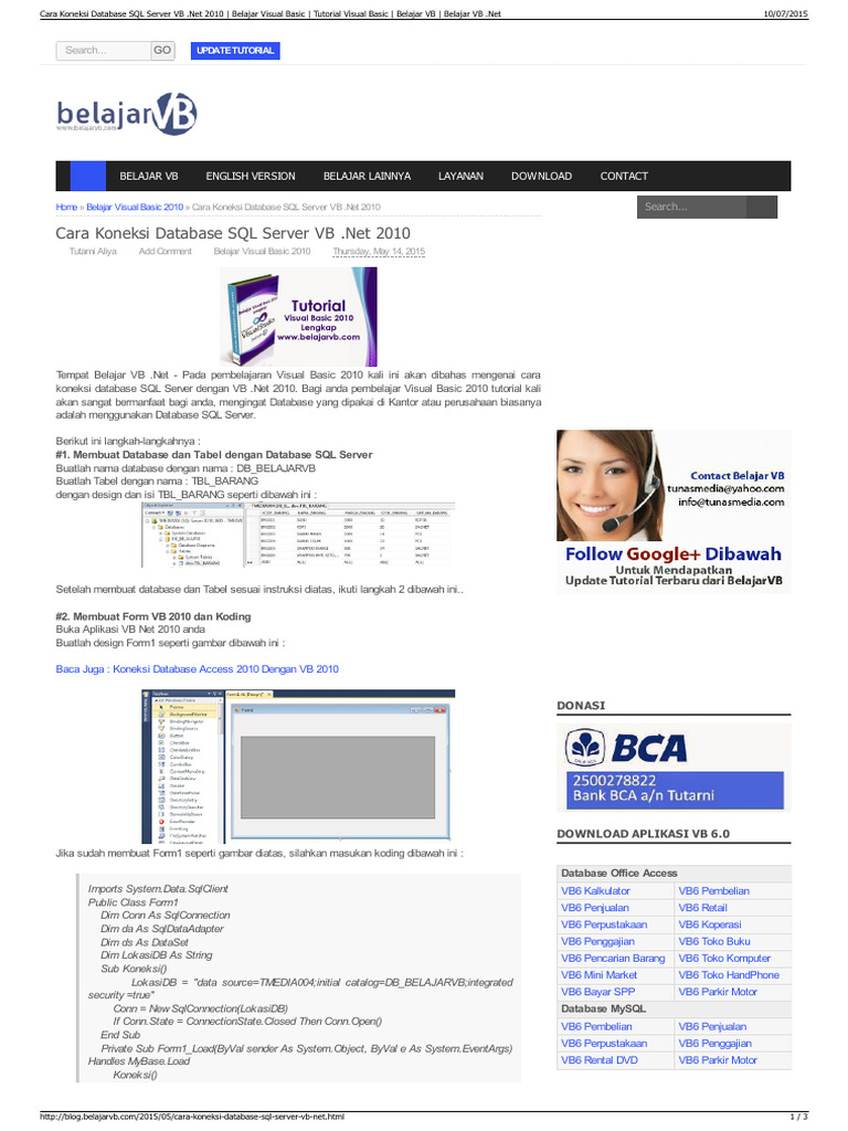 Cara Koneksi Database SQL Server VB .Net 2010 Belajar Visu | PDF
