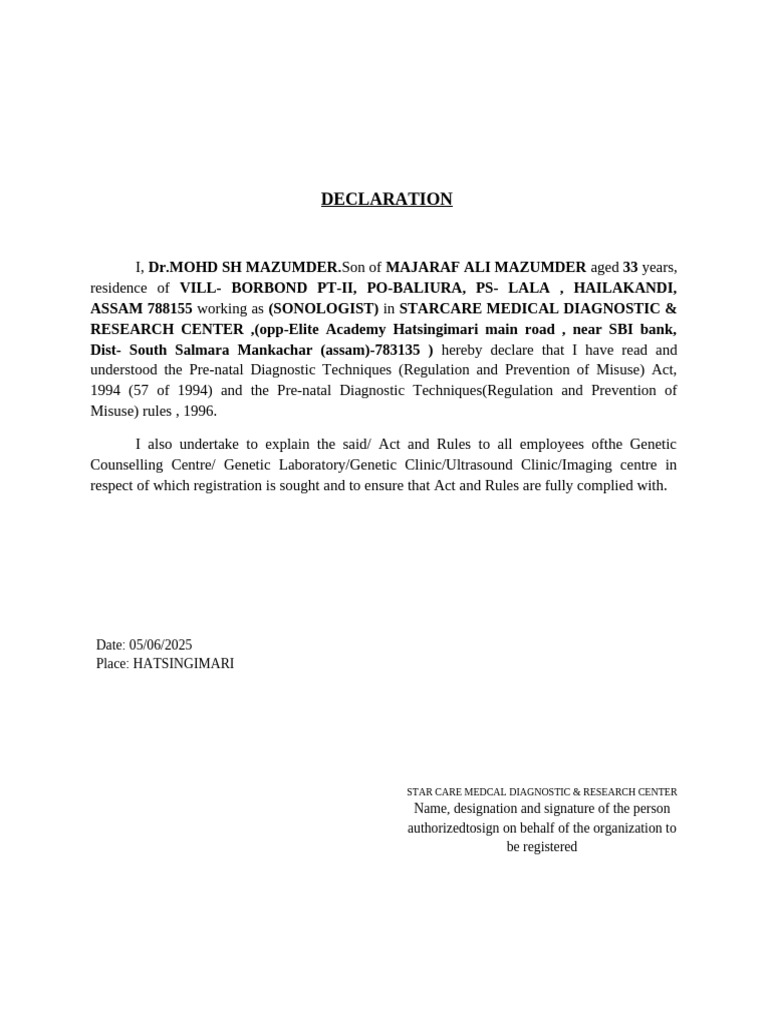 Declaration: Date: 05/06/2025 Place: Hatsingimari | PDF
