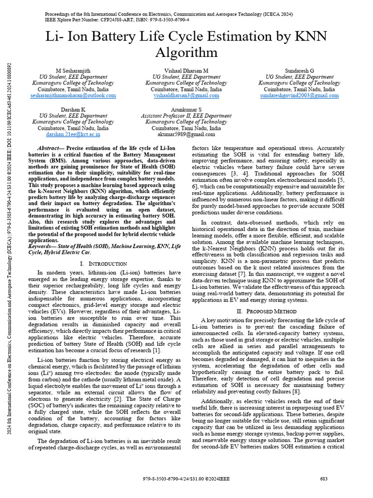 Li- Ion Battery Life Cycle Estimation by KNN Algorithm | PDF | Lithium ...