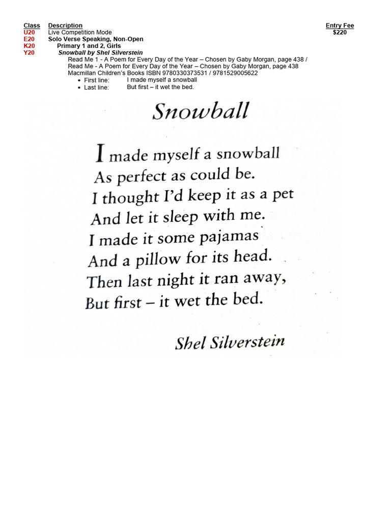 Shel Silverstein's "Snowball" Poem | PDF | Poetry