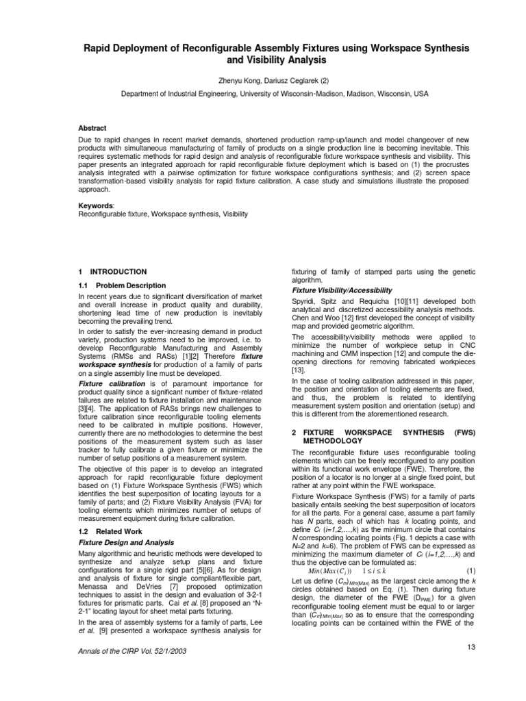 Rapid Deployment of Reconfigurable Fixtures using Workspace and Visibility Analysis | PDF | 2 D ...
