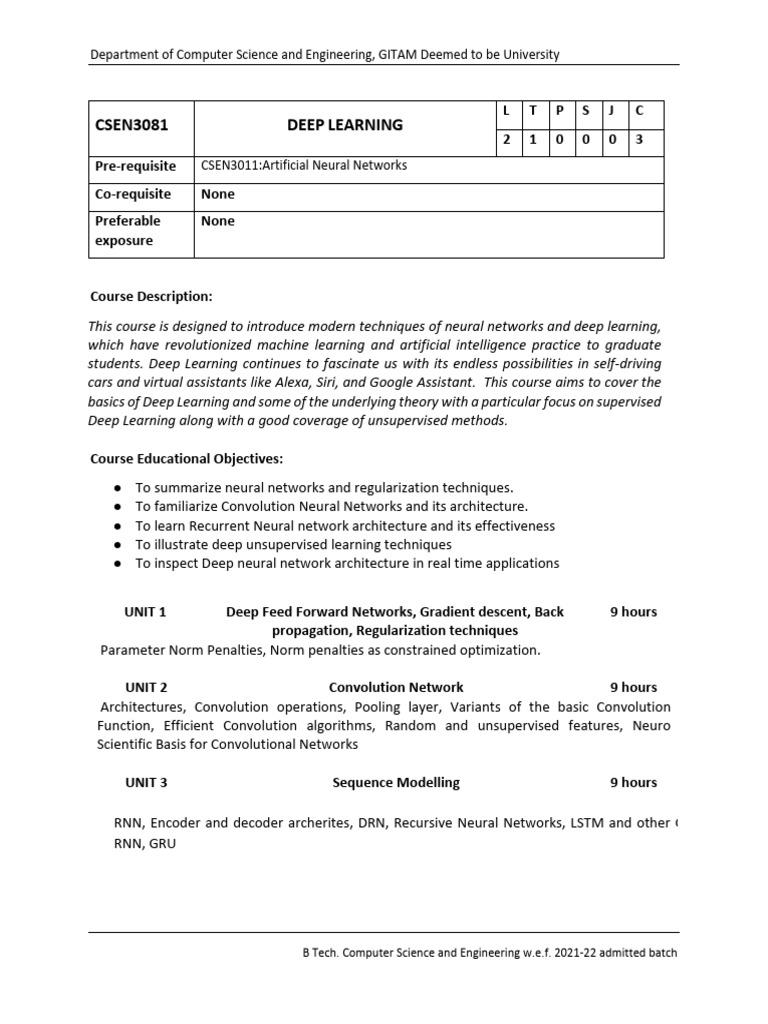 3081-Deep Learning Syllabus | PDF | Deep Learning | Cognitive Science