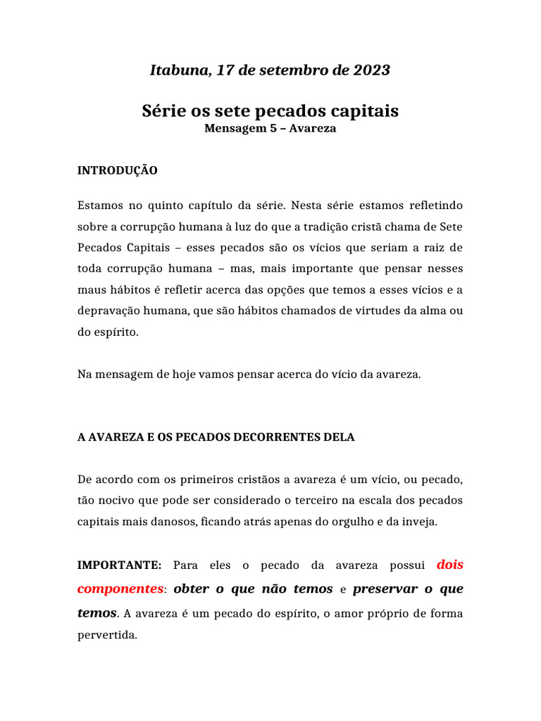 Avareza: O Quinto Pecado Capital | PDF | Pecado | Jesus
