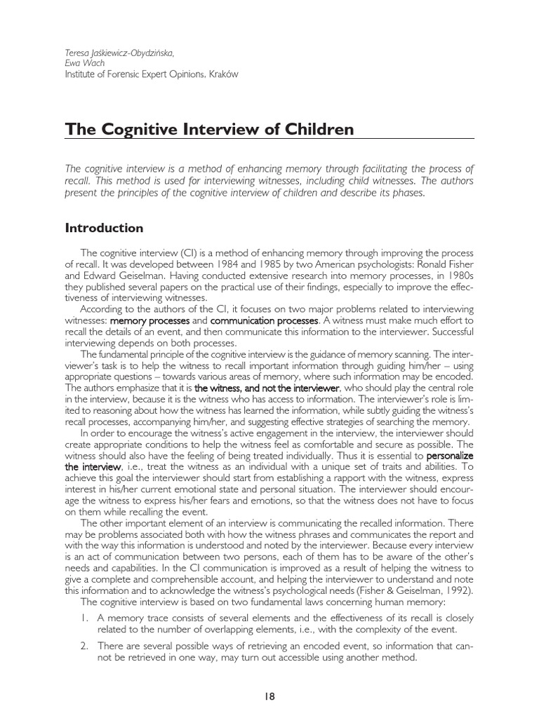 The Cognitive Interview of Children | PDF | Question | Behavioural Sciences