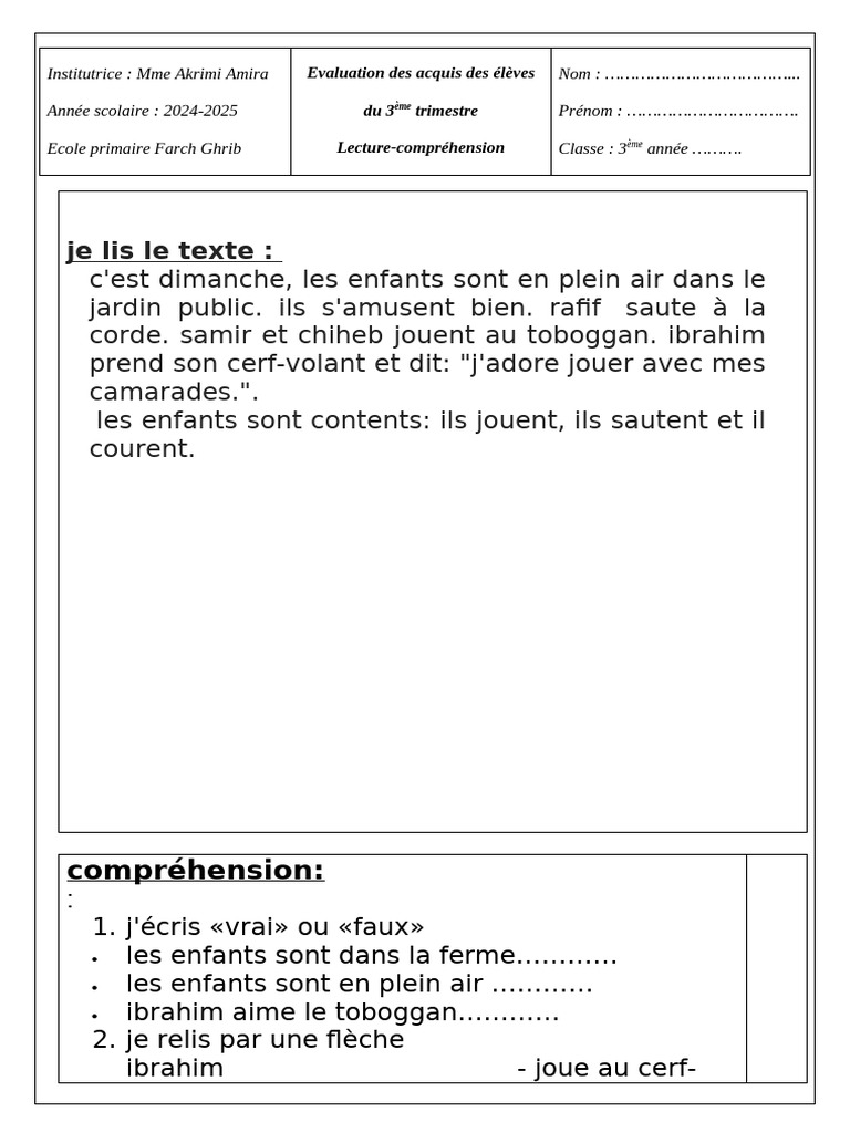 Évaluation de lecture 3ème année primaire | PDF
