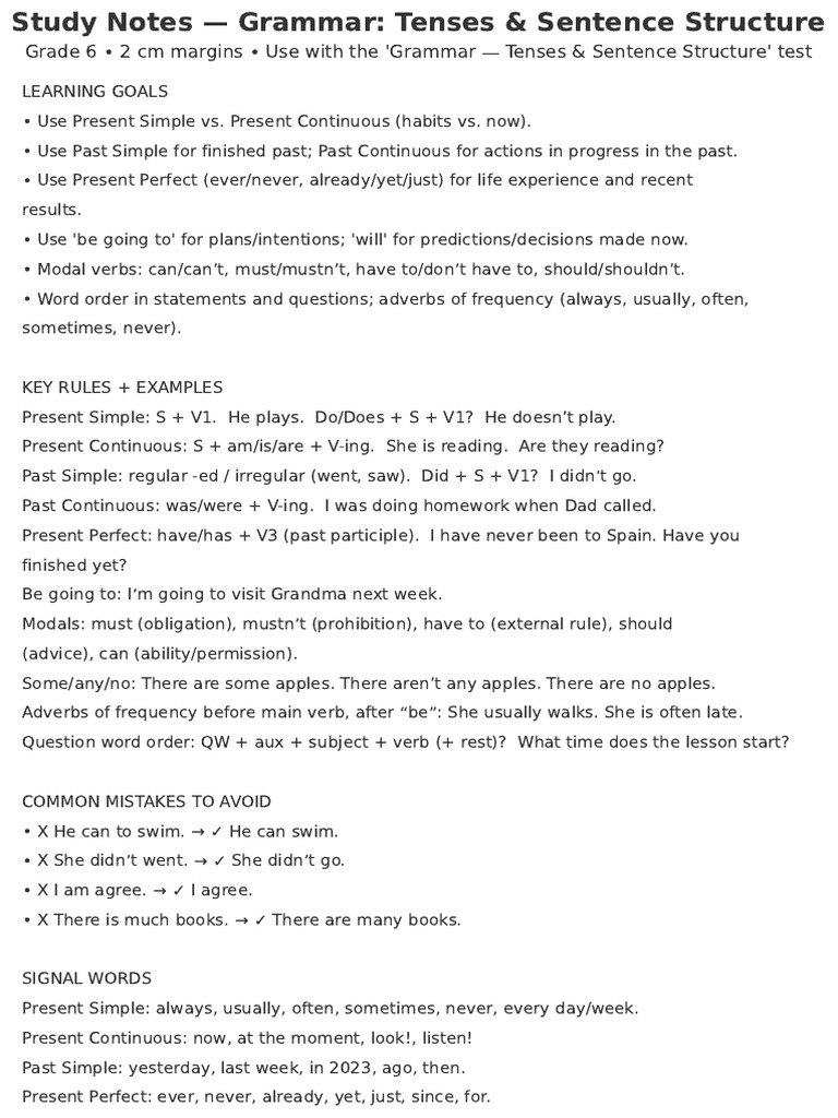 Grade 6 Grammar: Tenses Guide | PDF