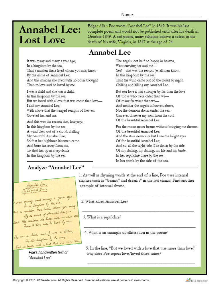 Annabel - Lee-Lost - Love Worksheet Lesson 26 | PDF | Poems