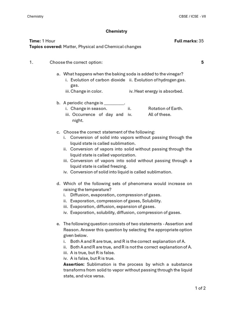 Chemistry VII - Matter, Physical and Chemical Changes | PDF ...