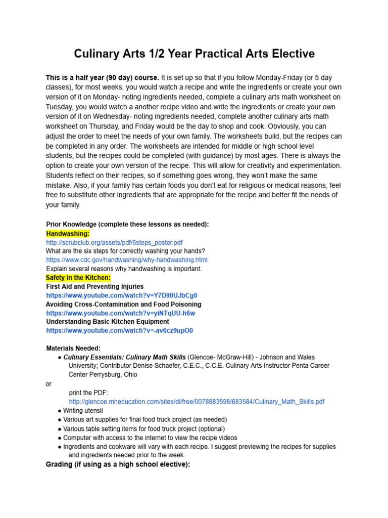 (Template) Culinary Arts 1 - 2 Year Practical Arts Elective | PDF ...
