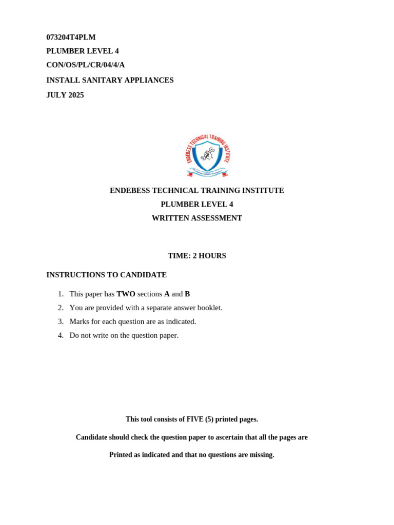 Plumber Level 4 Assessment Guide | PDF | Waste Management | Plumbing