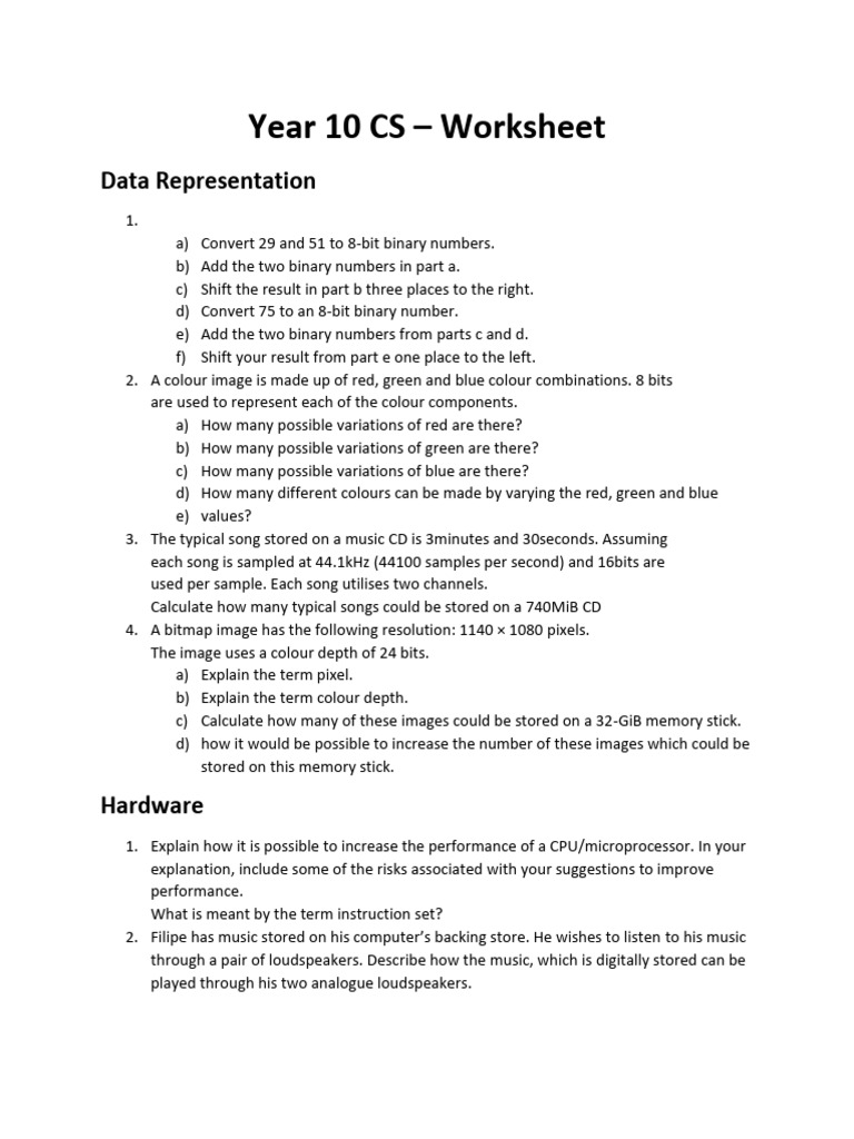Year 10 Computer Science Worksheet | PDF | Computing | Computer Engineering