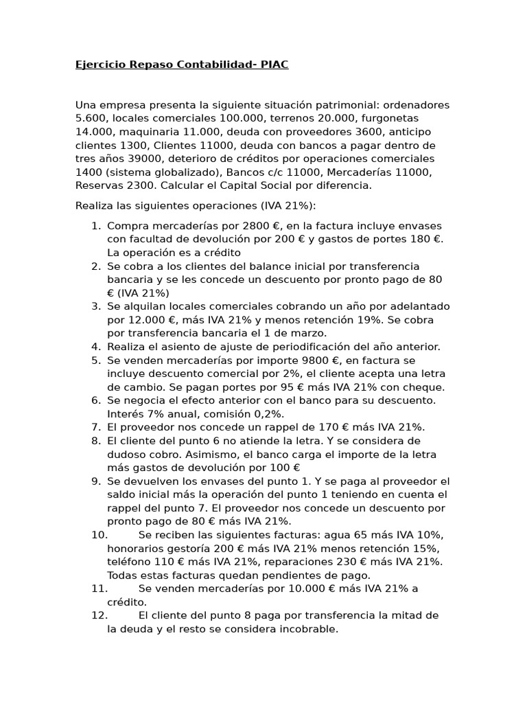 Ejercicio Repaso Contabilidad | PDF | Bancos | Negocios económicos