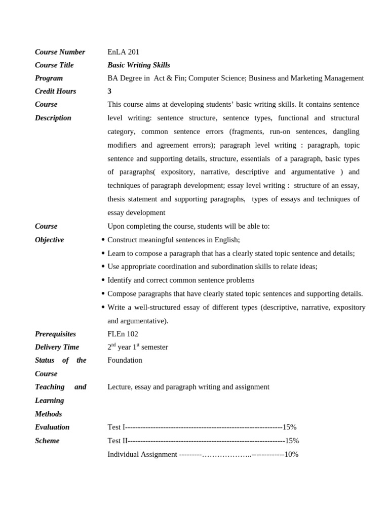 Basic Writing Skills Course Outline | PDF | Essays | Human Communication