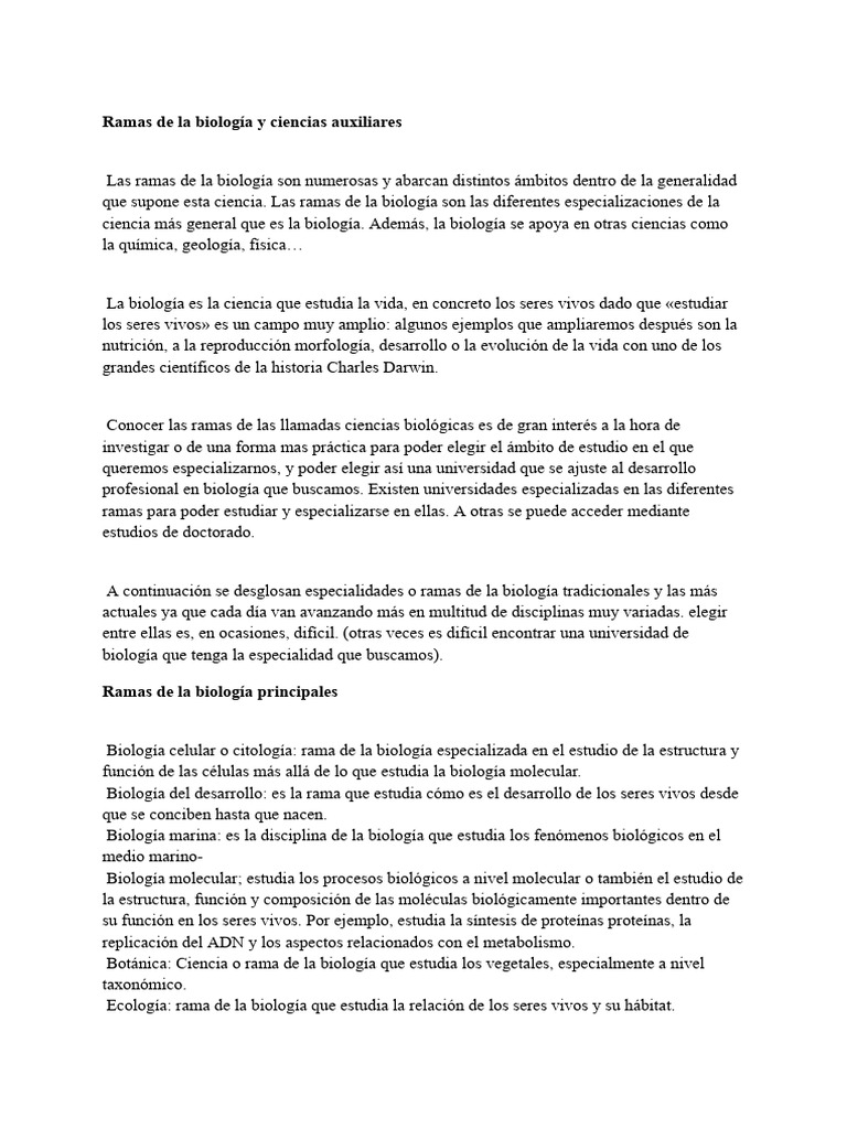 Ramas de La Biología y Ciencias Auxiliares | PDF | Biología | Organismos