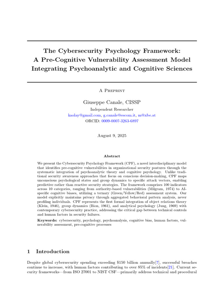 The Cybersecurity Psychology Framework: A Pre-Cognitive Vulnerability ...