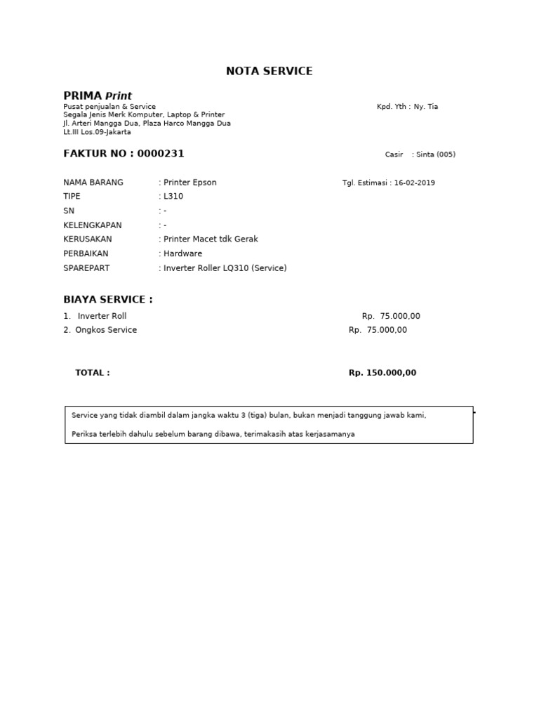 Nota Servis Printer Epson L310 | PDF