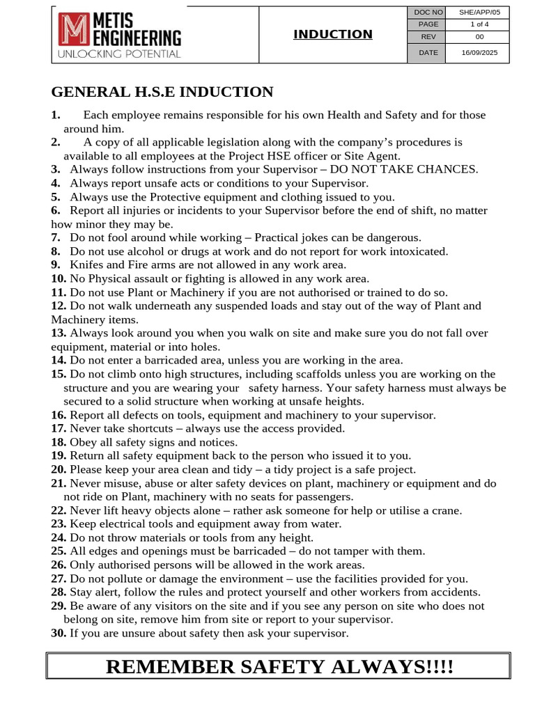 Safety Induction Training Guidelines | PDF | Occupational Safety And ...