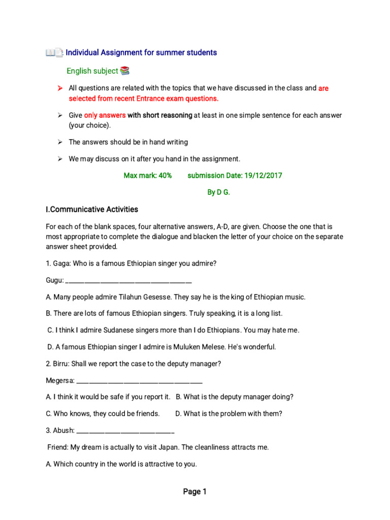 Summer English Assignment Guidelines | PDF
