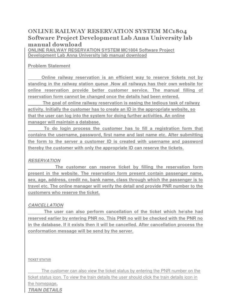 ONLINE RAILWAY Reservation SYSTEM MC1804 Software Project Development Lab Anna University Lab ...