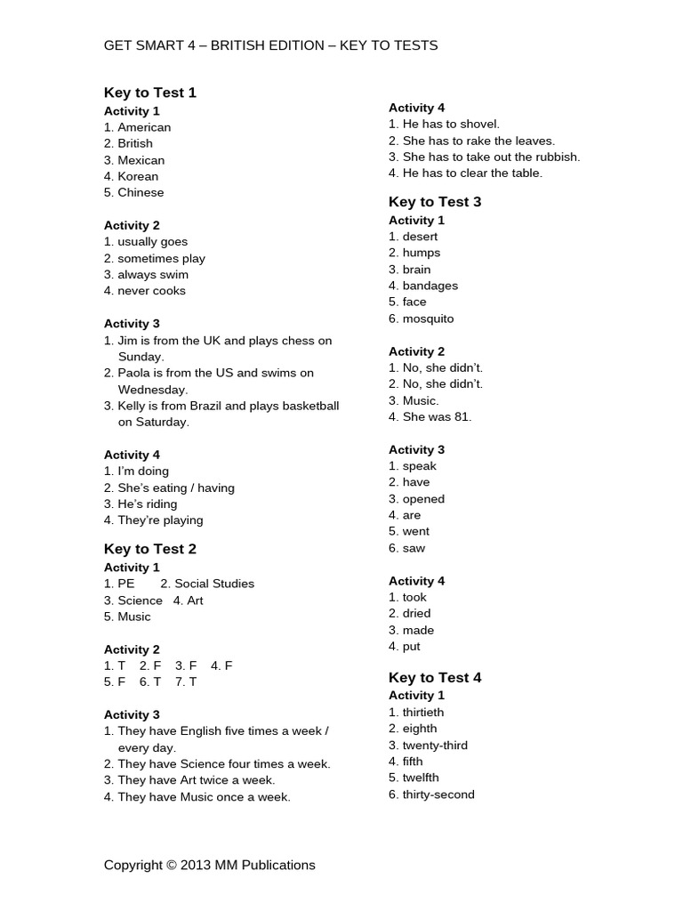 Get Smart 4 British Edition Test Keys | PDF | Chess | Chess Theory